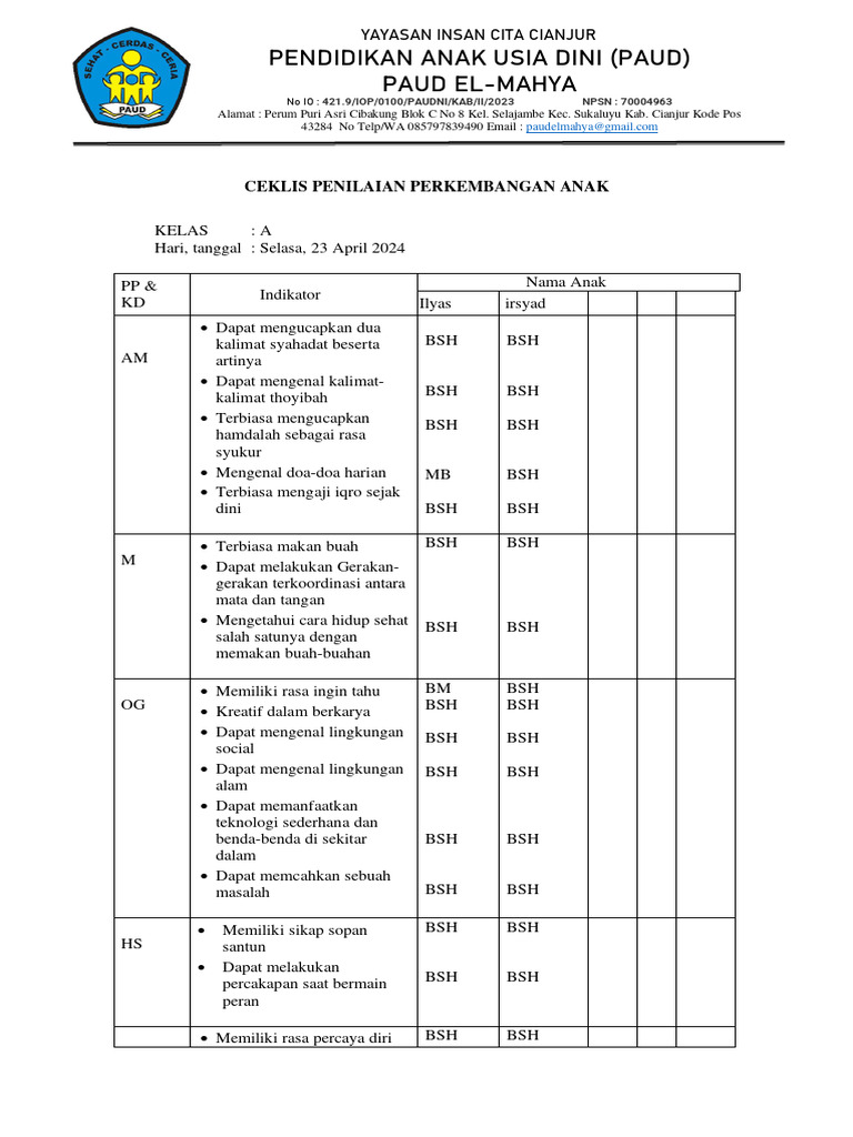 Ceklis Perkembangan PAUD | PDF