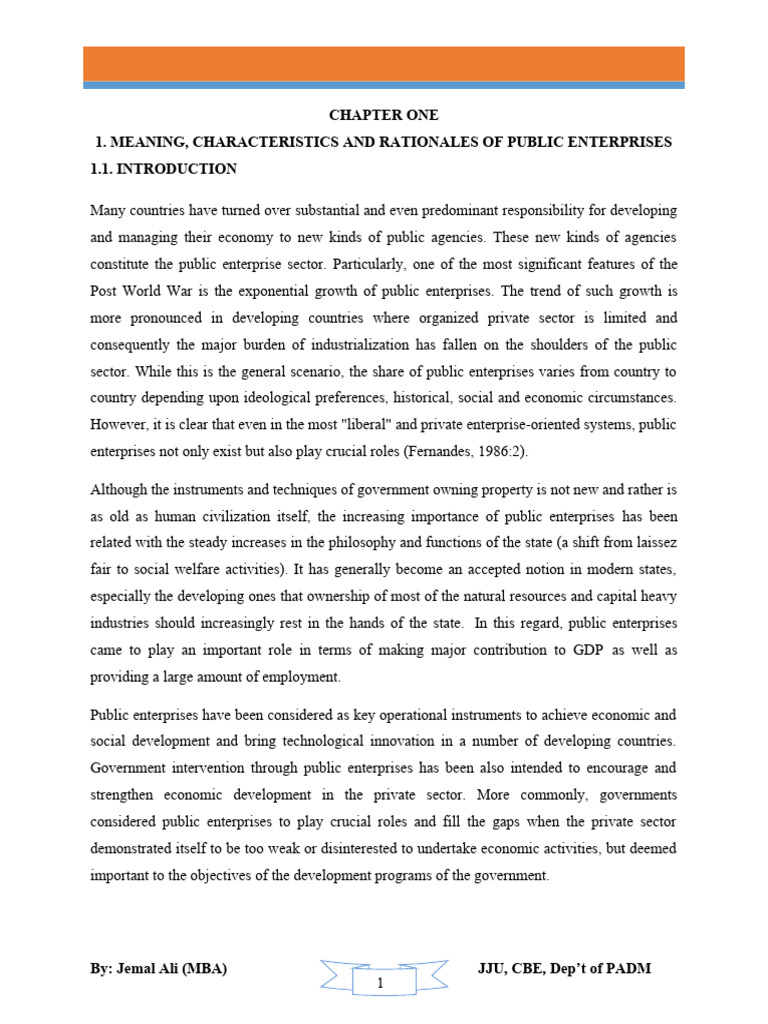 Chapter One 1. Meaning, Characteristics and Rationales of Public Enterprises | PDF | State Owned ...