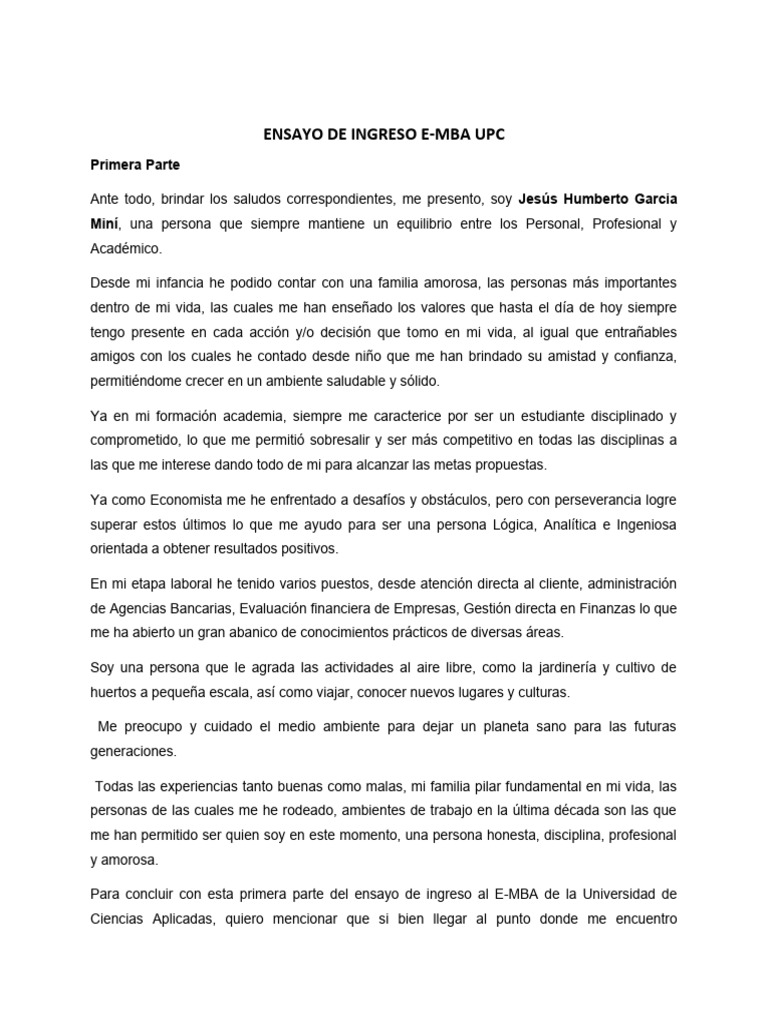 ENSAYO DE INGRESO E-MBA UPC - Jesús Humberto Garcia Miní | PDF