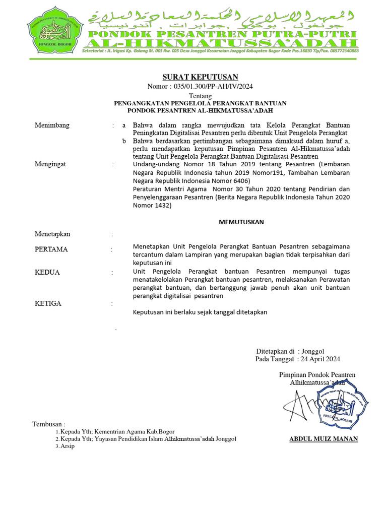 SURAT KEPUTUSAN Pengelola Perangkat Bantuan | PDF