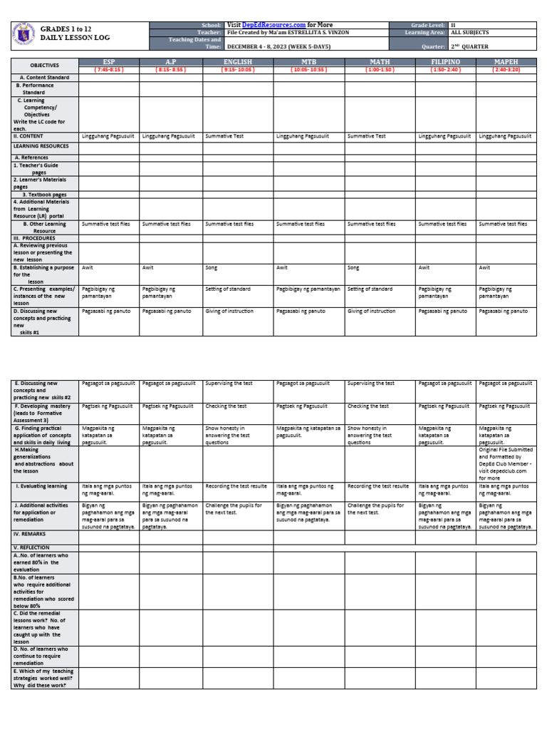 DLL - All Subjects 2 - Q2 - W5 - D5 | PDF