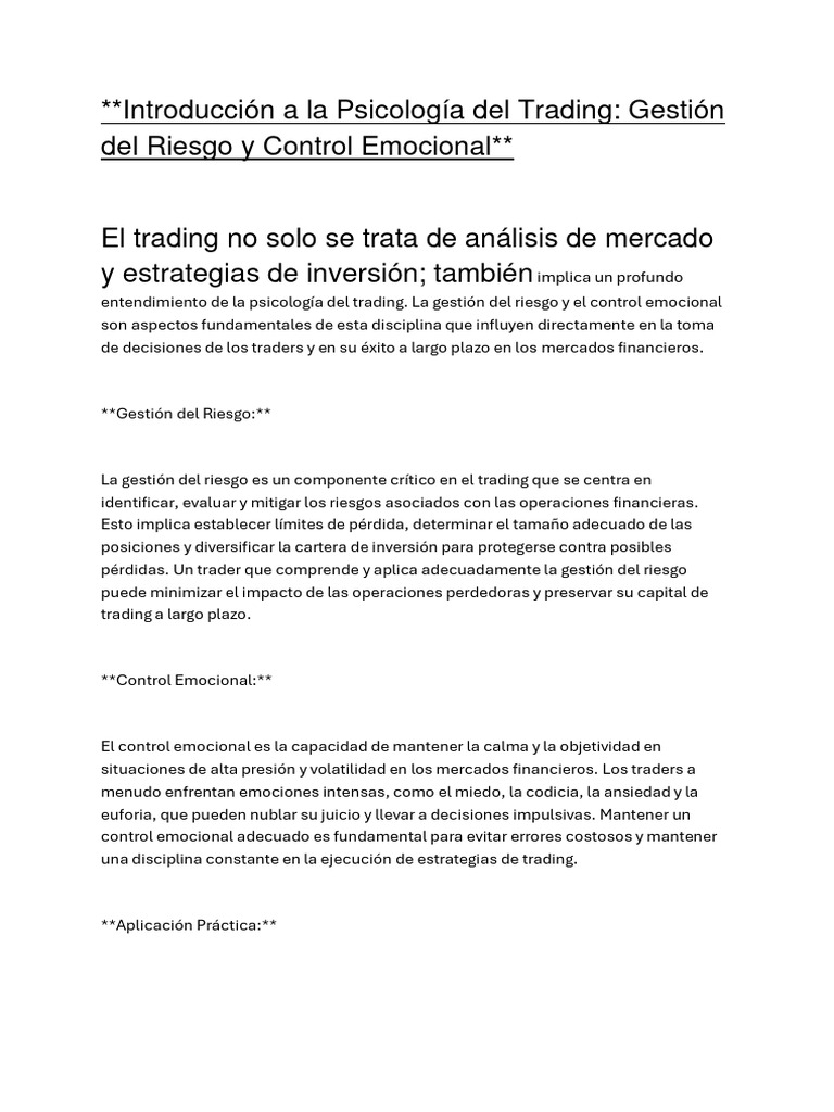 Psicología Del Trading Gestión Del Riesgo, Control Emocional | PDF | Comerciante (Finanzas ...