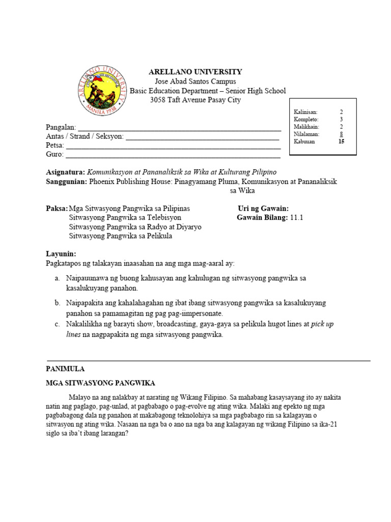 DLP-11.1-Mga-Sitwasyong-Pangwika-sa-Pilipinas - Unang-Bahagi | PDF