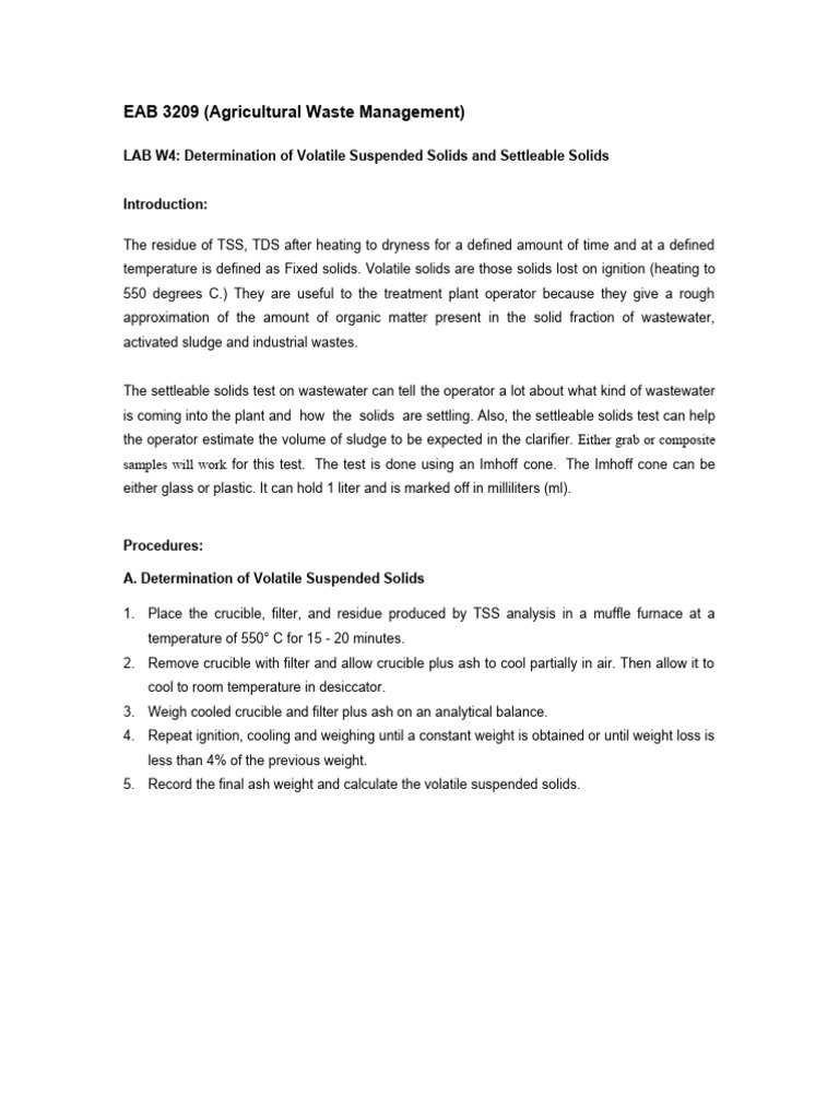 Lab W4 VSS + Settleable Solids | PDF