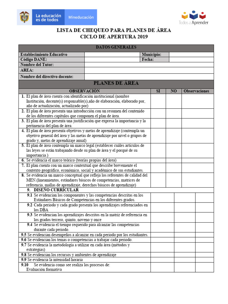 Lista de Chequeo para Planes de Área | PDF | Evaluación | Aprendizaje