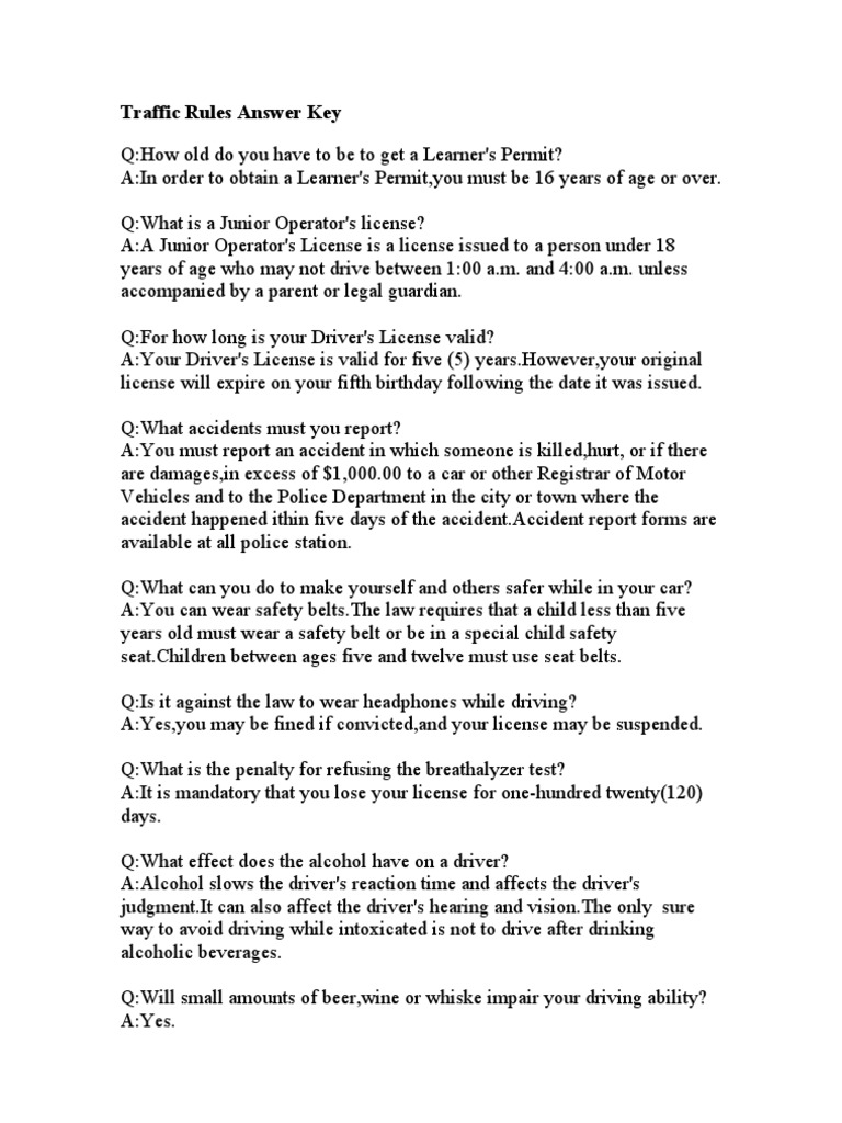 Traffic Rules Answer Key | PDF | Traffic Collision | Driving