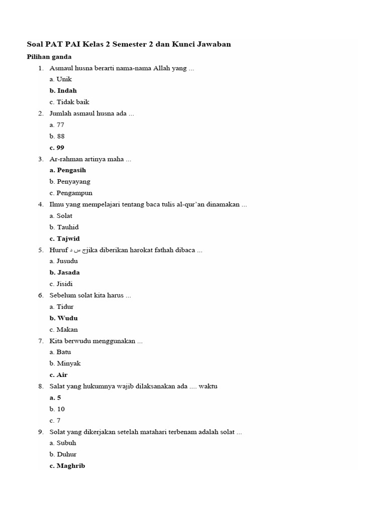 Soal PAT PAI Kelas 2 Semester 2 Dan Kunci Jawaban | PDF