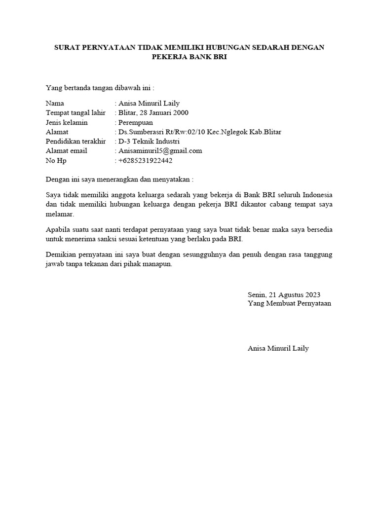 Surat Pernyataan Tidak Memiliki Hubungan Sedarah Dengan Pekerja Bank ... Surat Pernyataan Tidak Memiliki Hubungan Sedarah Dengan Pekerja Bank ...