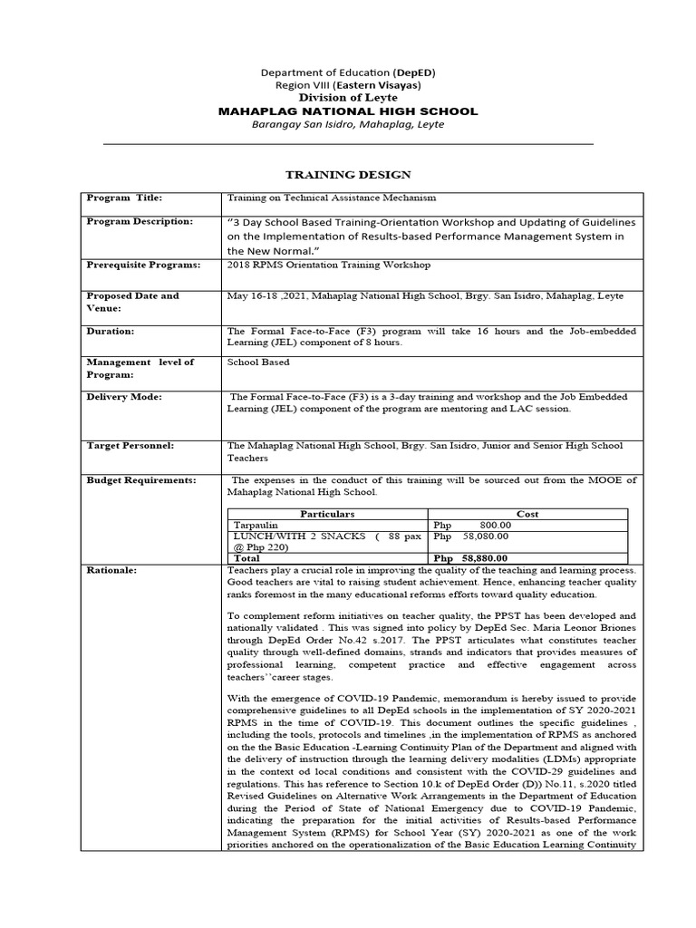 Training Design RPMS New NORMAL | PDF | Teachers