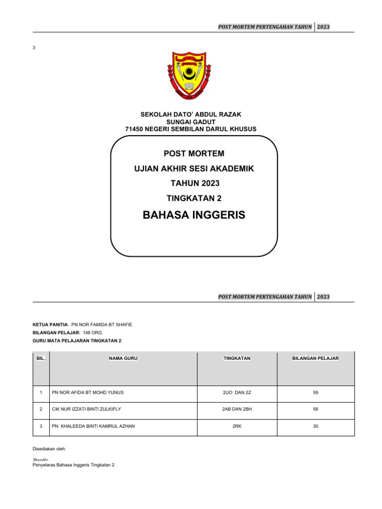 Form 2 Bahasa Inggeris Post Mortem UASA 2023 | PDF