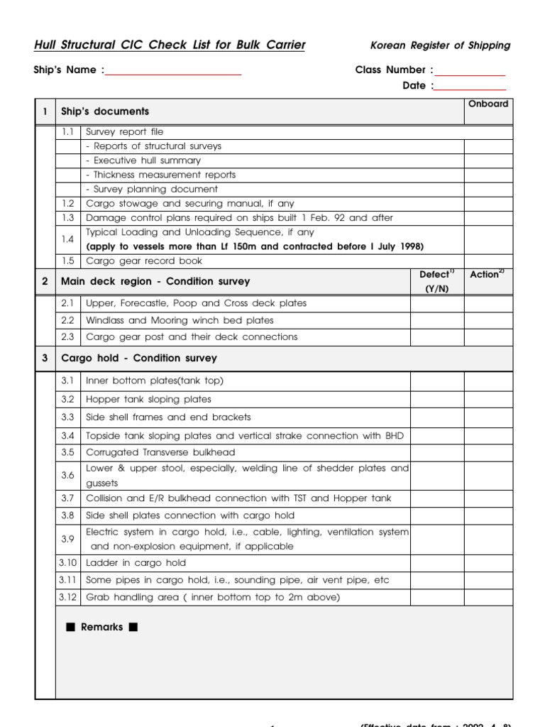 Bulk Carrier Hull Inspection Checklist | PDF | Technology & Engineering