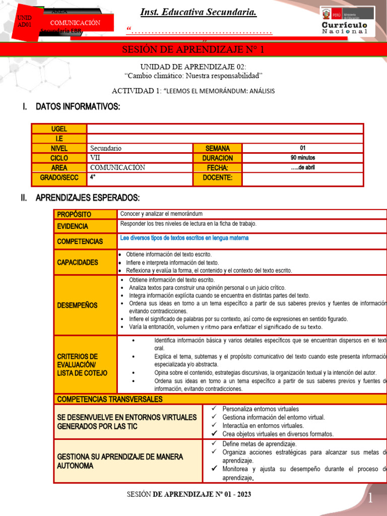 4º Com Ses 1 Uni 2 Sem 01 - 2023 | PDF | Aprendizaje | Evaluación