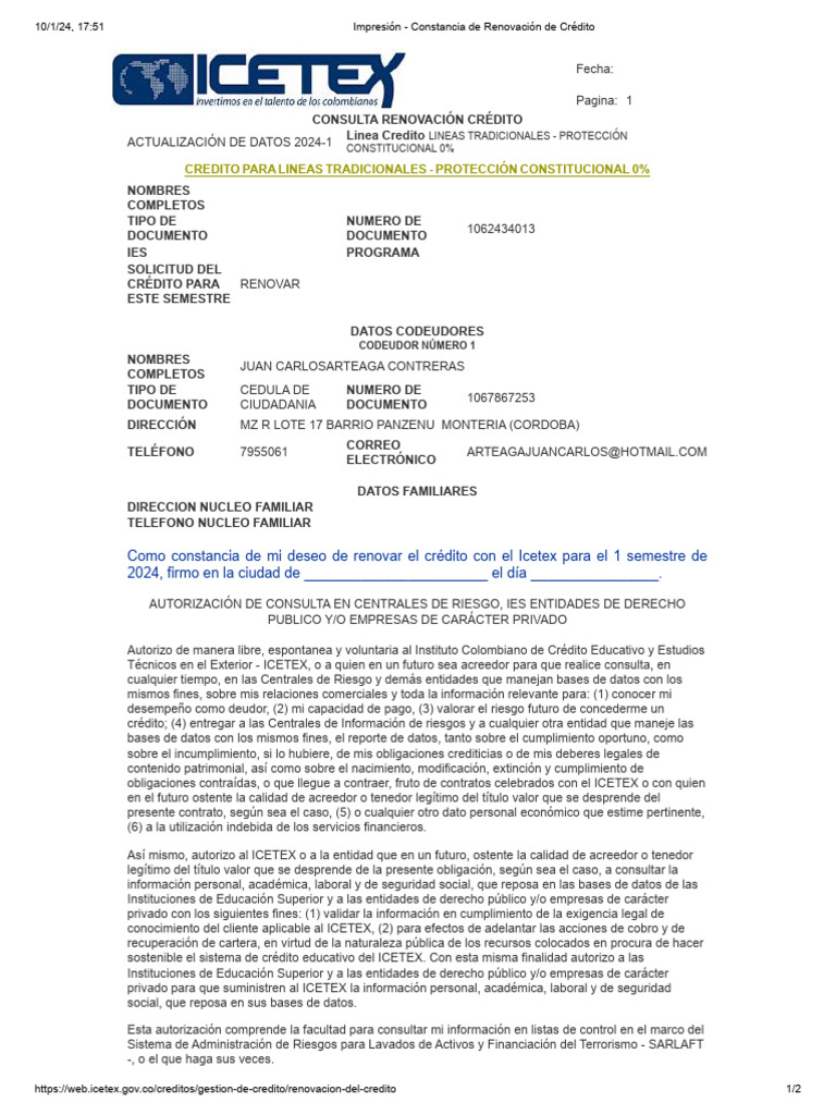 Renovar - ICETEX - PDF ANDREA | PDF | Crédito | Finanzas y dinero