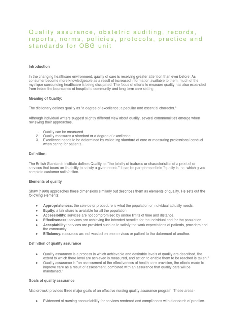 Quality Assurance, Obstetric Auditing, Records, Reports, Norms, Policies, Protocols, Practice ...