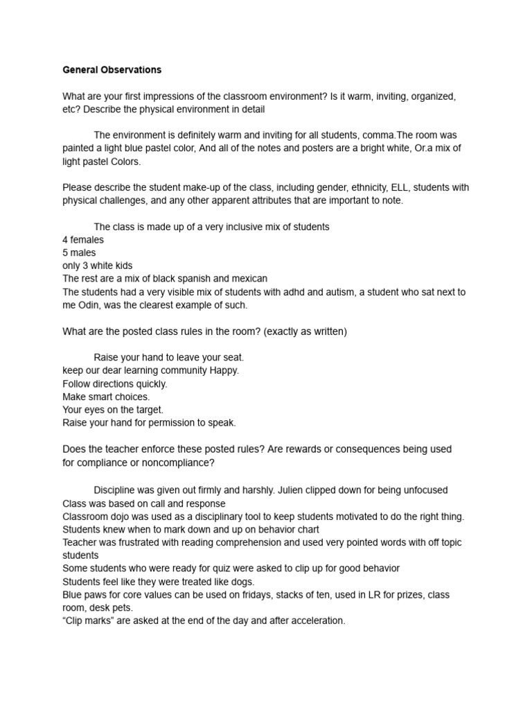 General Observations Weebly Final Draft | PDF | Teachers | Classroom