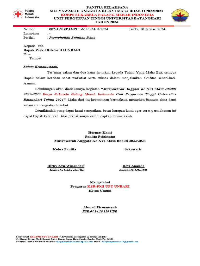 Permohonan Dana Musyawarah PMI UNBARI | PDF