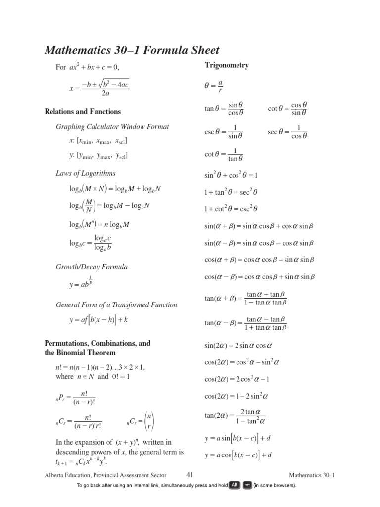 Math30 1FormulaSheet | PDF | Logarithm | Discrete Mathematics