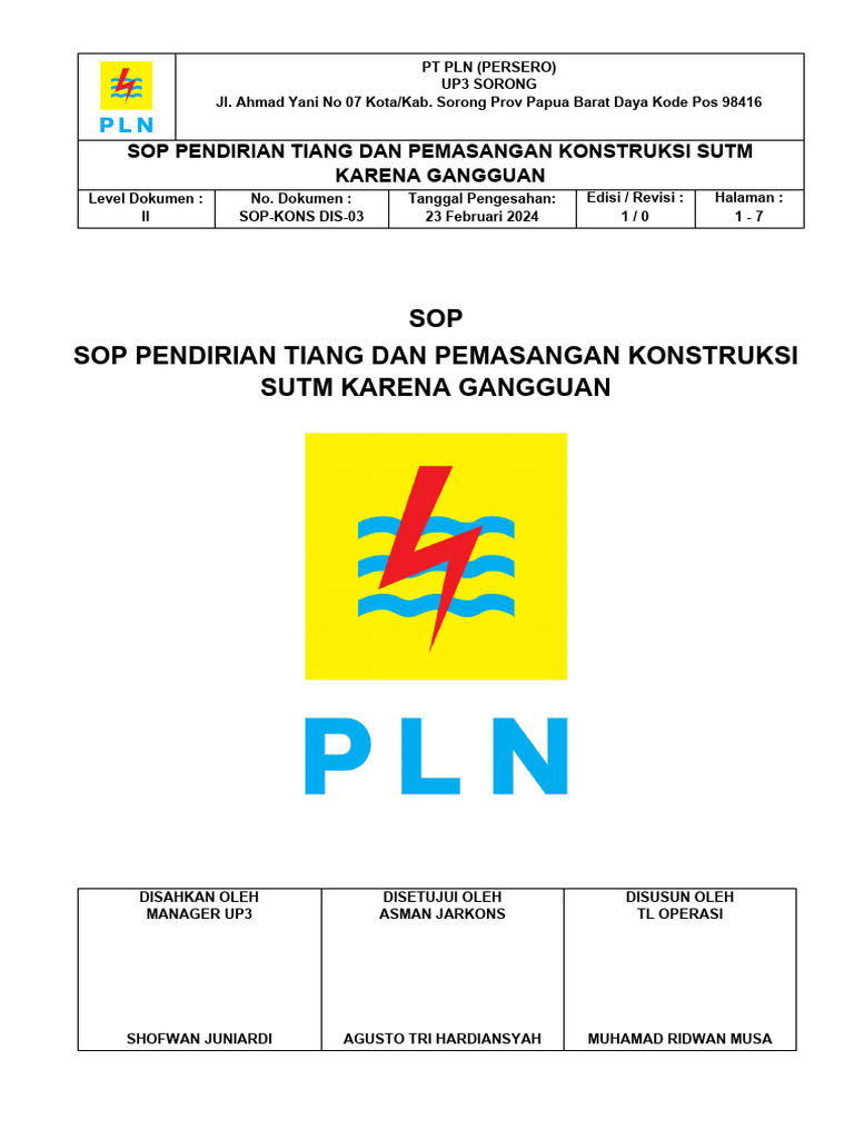 SOP Kons - Dist 03 Pendirian Tiang Dan Pemasangan Konstruksi SUTM Karena Gangguan - UP3 Sorong | PDF