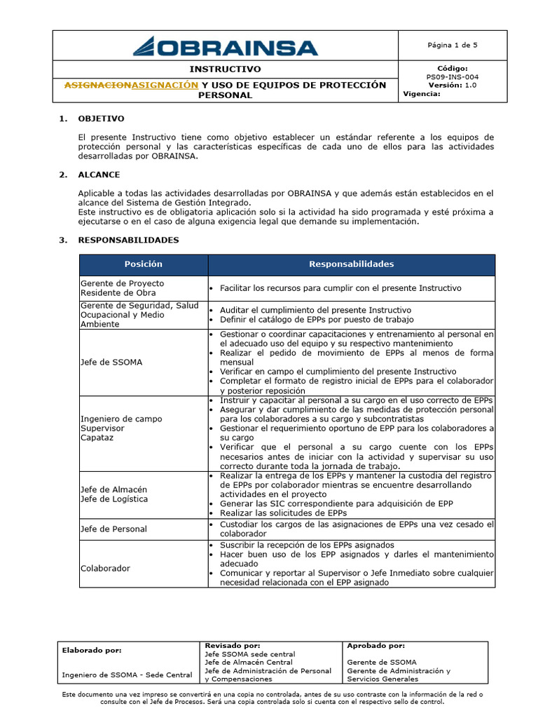 PS09-InS-004 V 1 0 Asignación y Uso EPPs Final | PDF | Casco