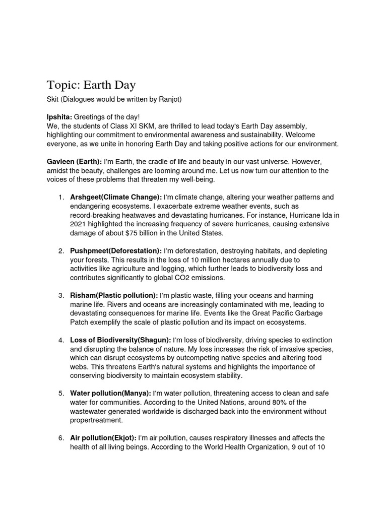 Earth Day Assembly's Script | PDF | Climate Change | Climate Change ...