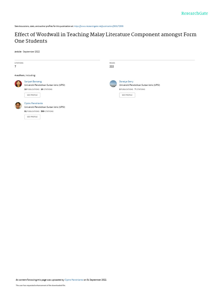 Effect of Wordwall in Teaching Malay Literature Component Amongst Form One Students | PDF ...