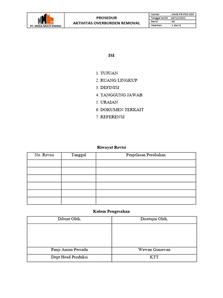 MME-PR-PDC-003 Aktifitas Overburden Removal | PDF