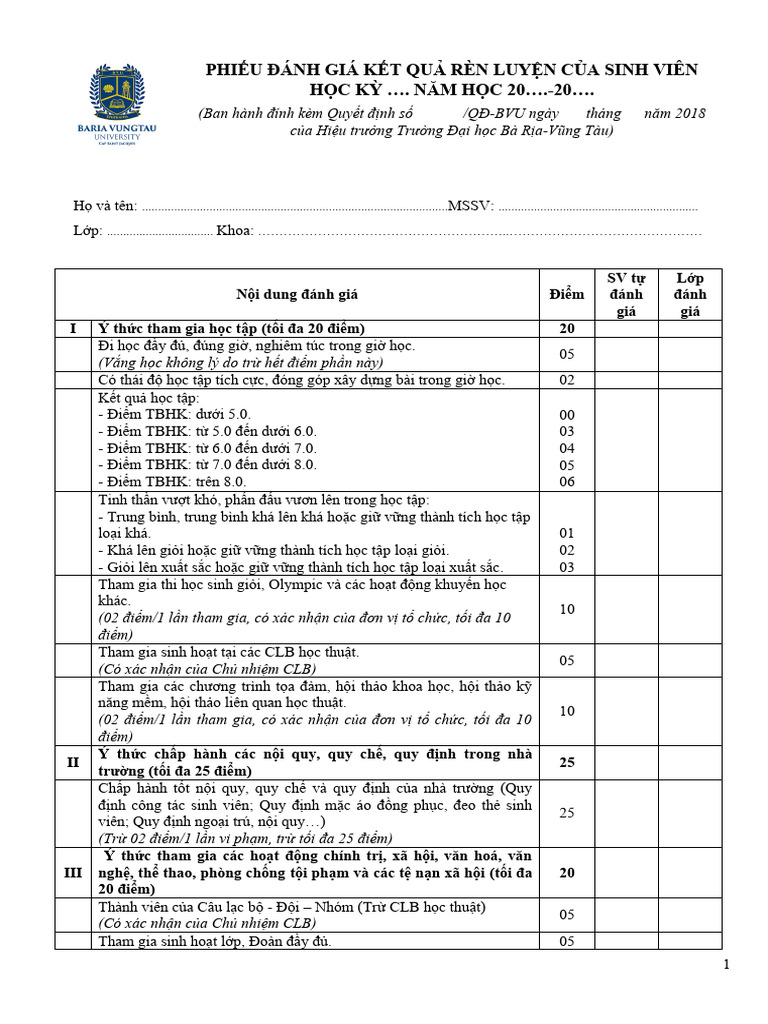 Phieu Danh Gia Ket Qua Ren Luyen Sinh Vien New Version 20211108102850 e | PDF
