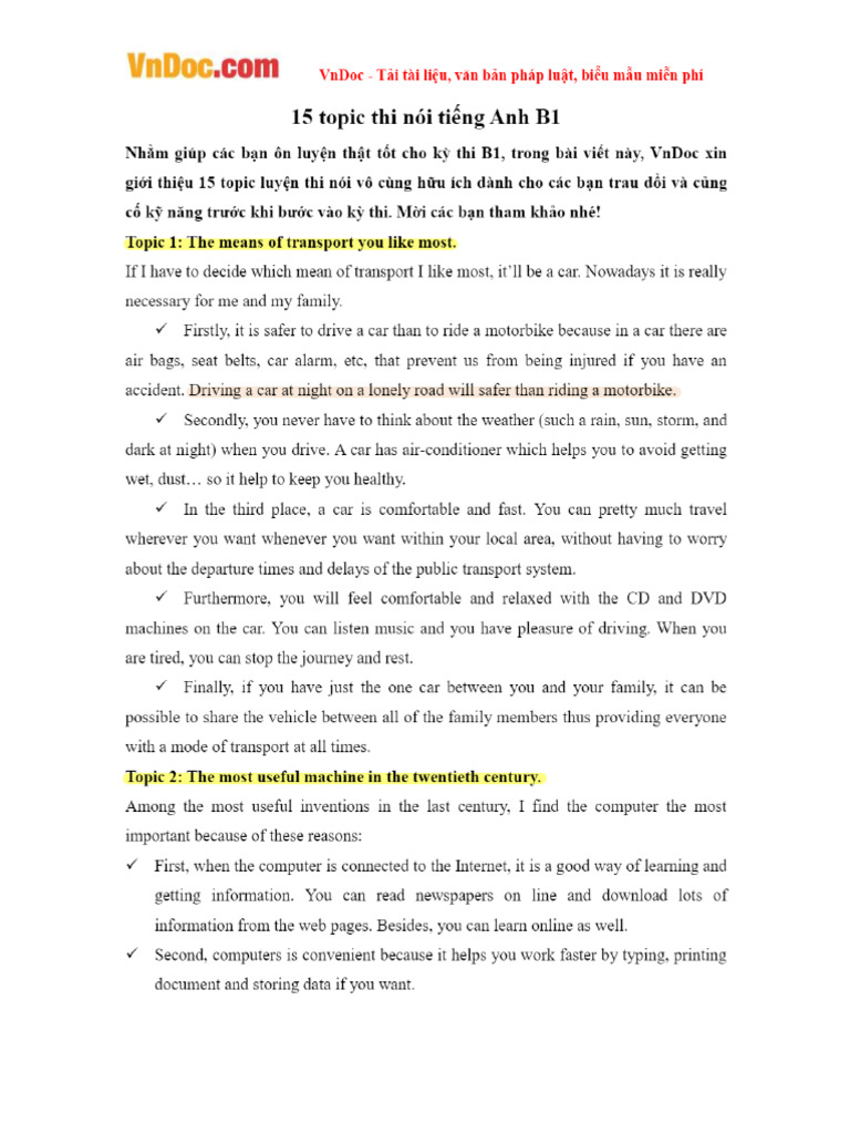 15 topic thi nói tiếng Anh B1 | PDF