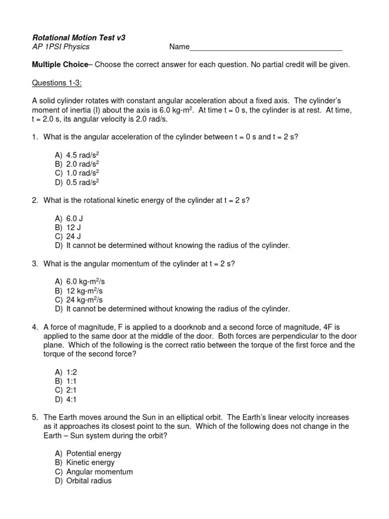 Rotational Motion Physics Test | PDF | Rotation Around A Fixed Axis ...
