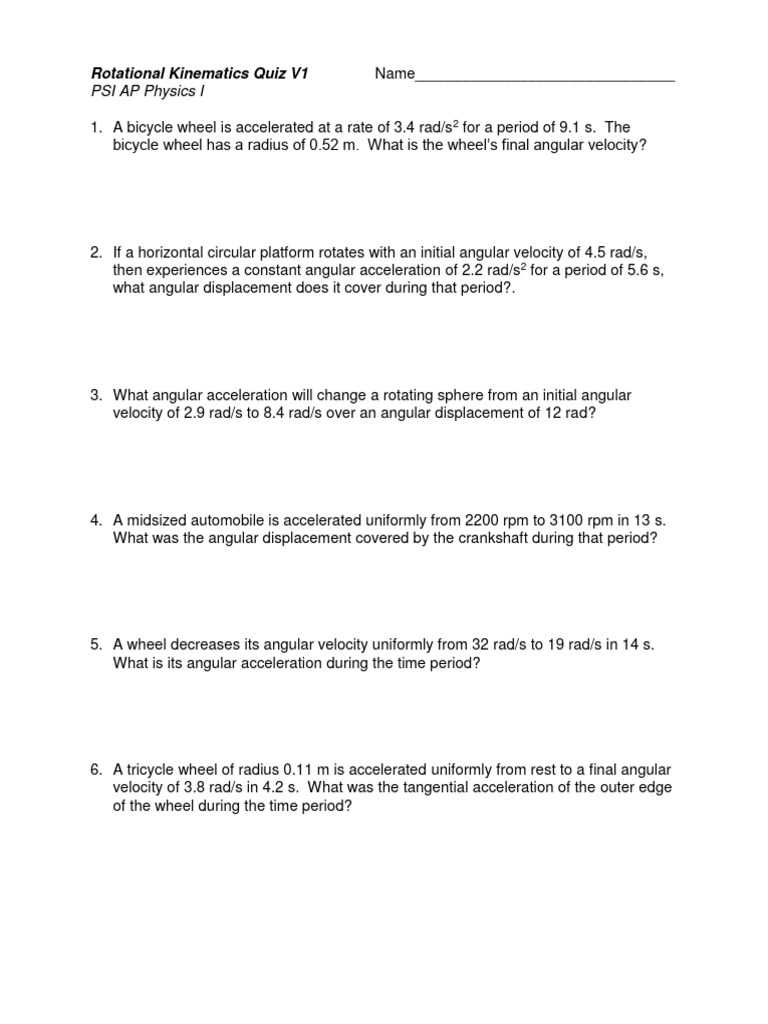 Rotational Kinematics Quiz for Physics | PDF | Acceleration | Kinematics