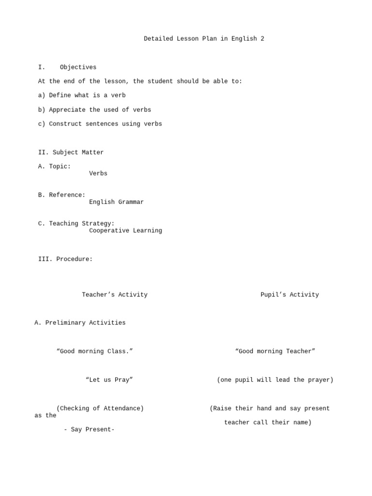 Lesson Plan on Verbs for English 2 | PDF | Lesson Plan | Noun