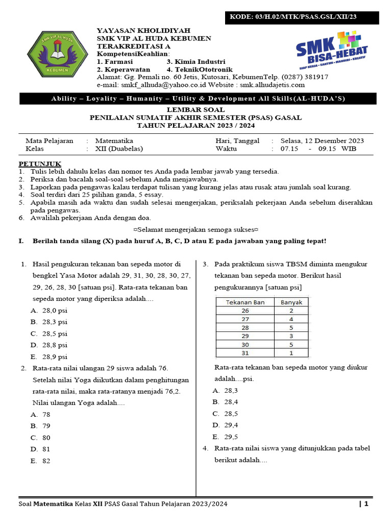 Soal Matematika Psas Gasal Kelas Xii 2023 Ok | PDF