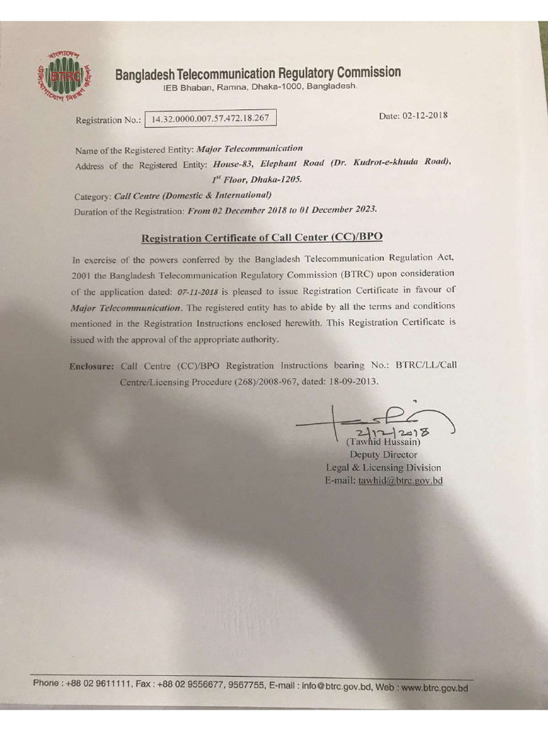 5. BTRC License- Major Telecommunication | PDF