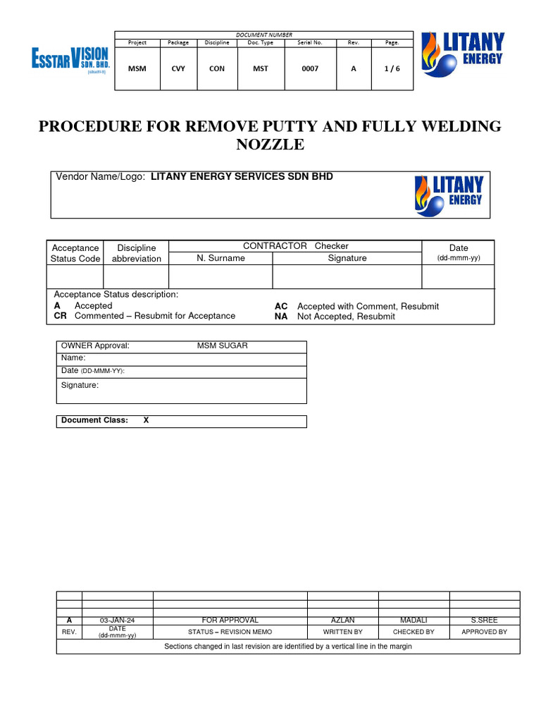MSM - Cvy - Con - MST - 0007 - Rev.a - Procedure For Full Weld Nozzle and Remove Putty | PDF ...
