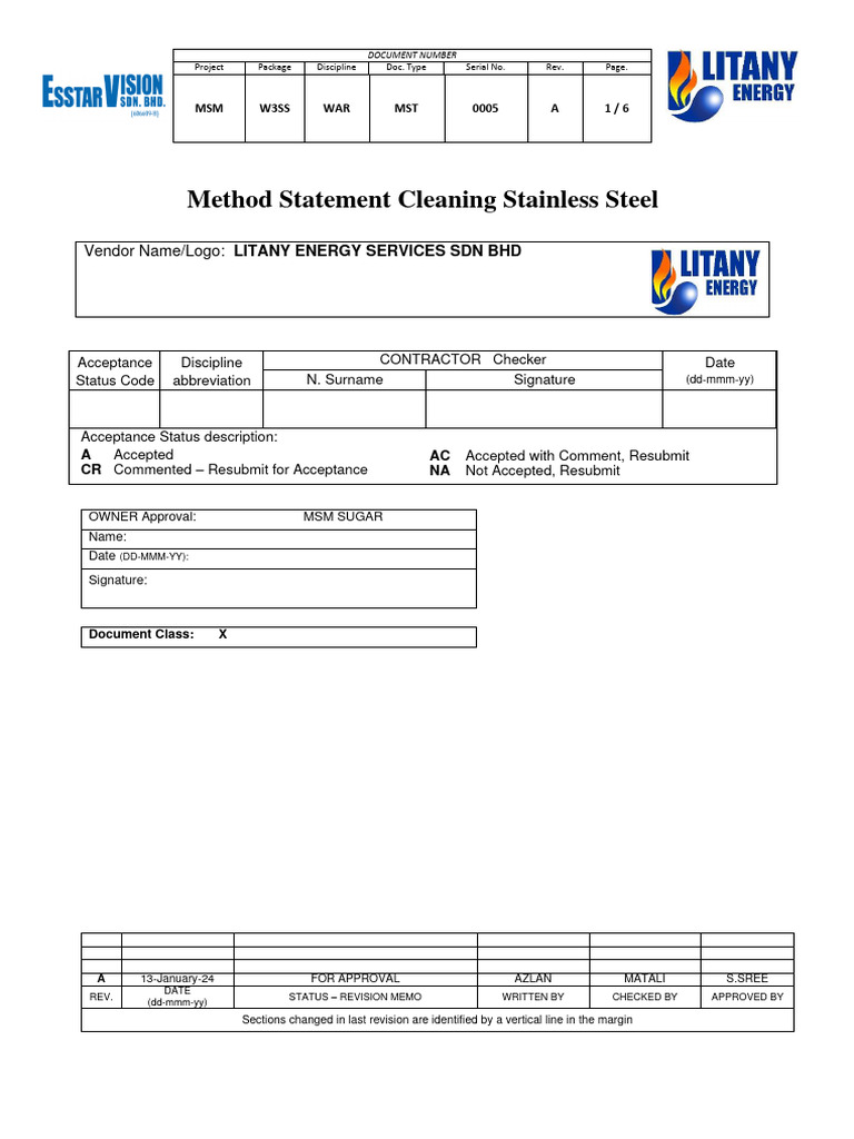 Msm Cvy Con Mst 0005 Rev A Method Statement Cleaning Stainless Steel Pdf Corrosion Welding