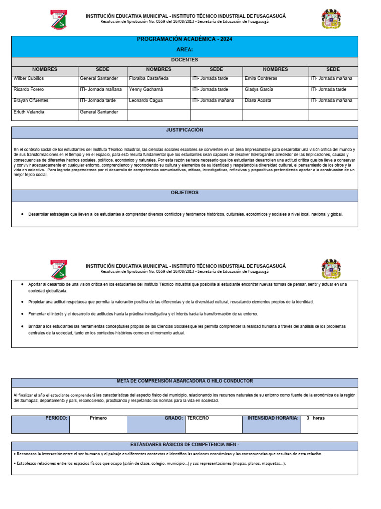 Formato Programacion de Área Ciencias Sociales 2024 | PDF | Colombia | Aprendizaje