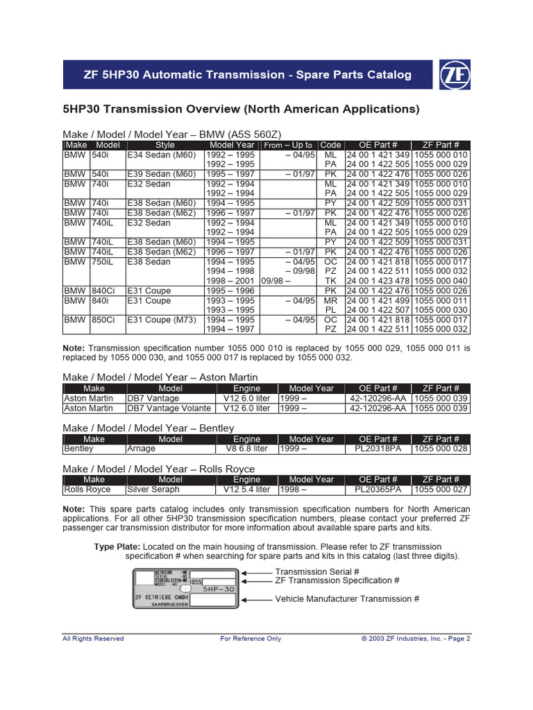 ZF 5hp30 Automatic Transmission Oil Spare Parts Catalog | PDF | Manual ...