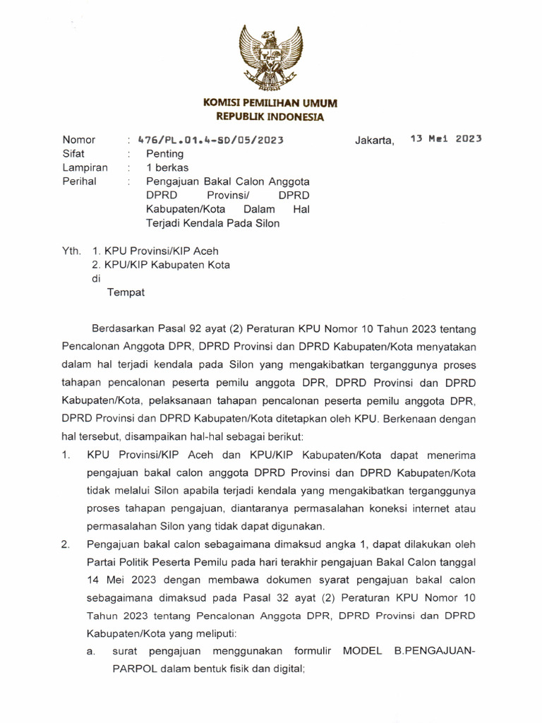 476 Surat Ketua Kepada KPU Perihal Pengajuan Bakal Calon DPR | PDF 476 Surat Ketua Kepada KPU Perihal Pengajuan Bakal Calon DPR | PDF