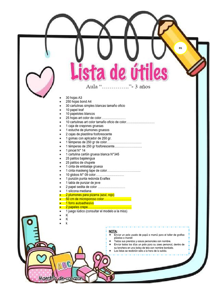 Modelos de Lista de Útiles Inicial | PDF | Papel | Cartón