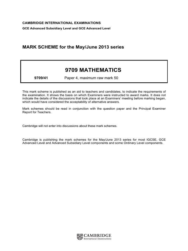 GCE A Level Mathematics Mark Scheme 2013 | PDF | Mathematics