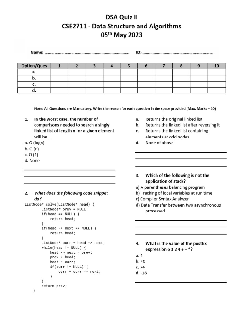 Dsa Quiz 2 Set 2 Pdf Applied Mathematics Theoretical Computer Science