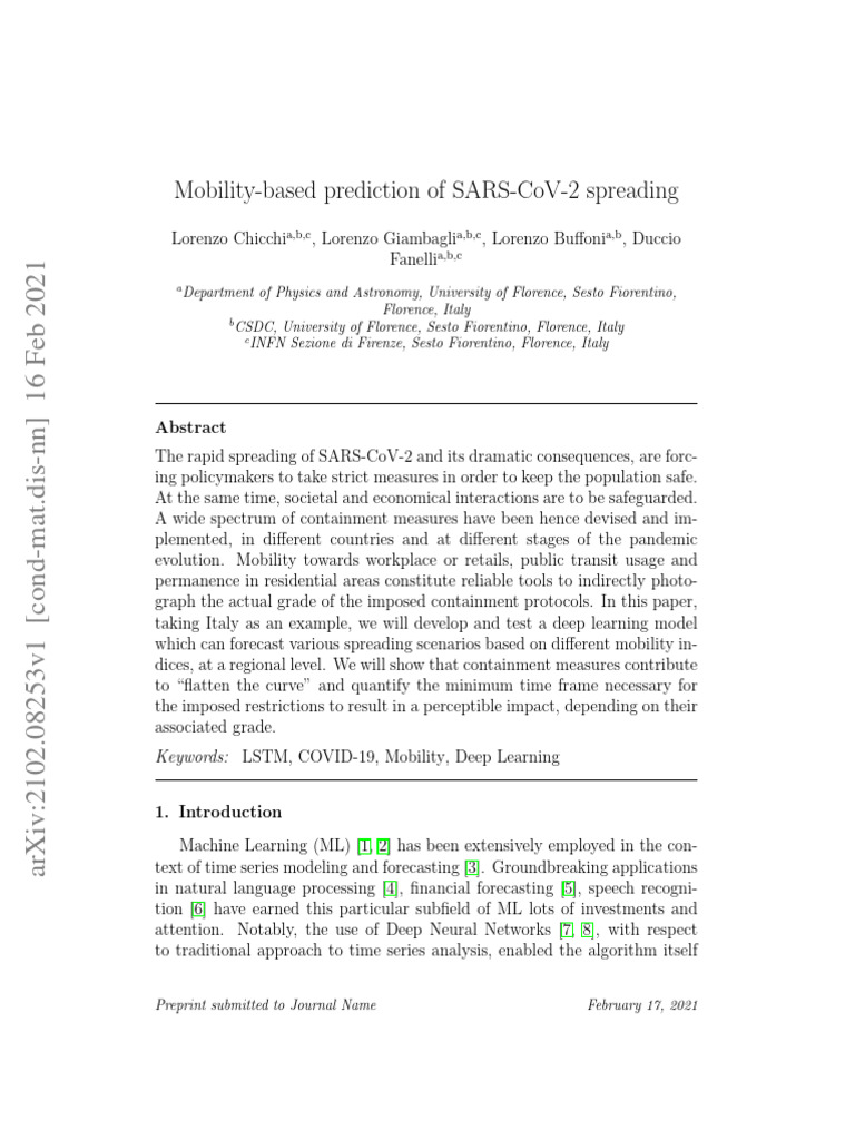 Mobility-based Prediction of SARS-CoV-2 Spreading | PDF | Machine Learning | Time Series