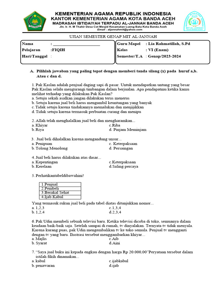 Soal Ujian Akhir Fiqih Klas 6 (Lia Rahmatillah) | PDF