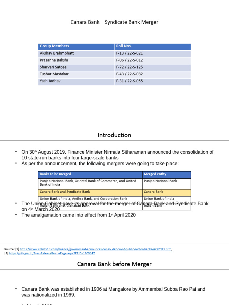 Canara-Syndicate Bank Merger Overview | PDF | Mergers And Acquisitions ...