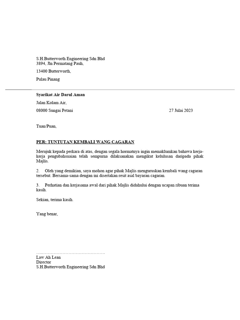 Surat Tuntutan Wang Cagaran | PDF