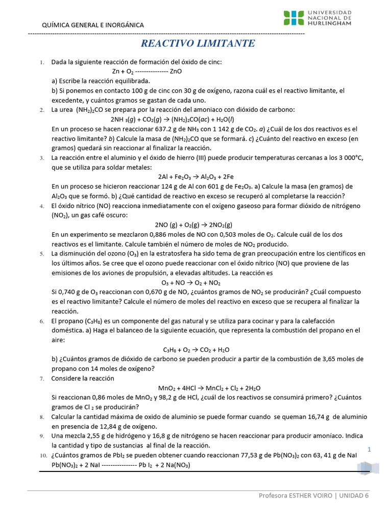 Reactivo Limitante Ejercicios | Descargar gratis PDF | Dioxido de nitrogeno | Reacciones químicas