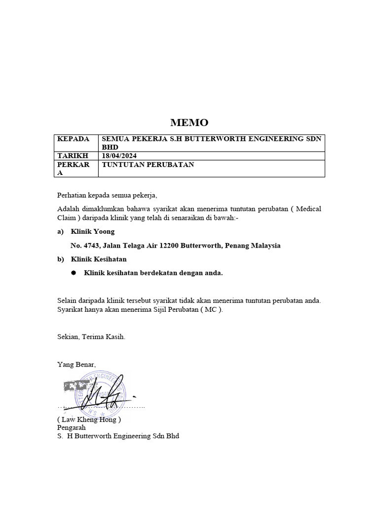 Memo Tuntutan Perubatan | PDF