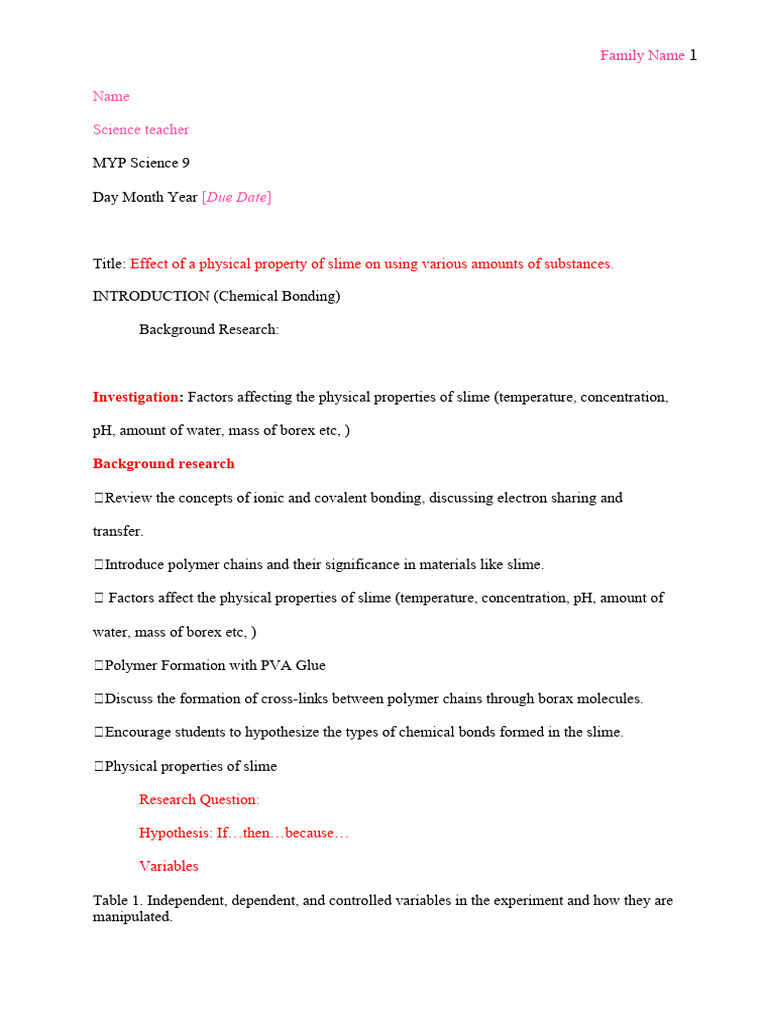 Slime Properties: Impact of Variables | PDF | Experiment | Chemical Bond