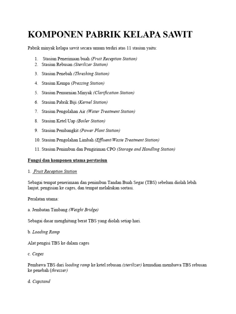 Komponen Pabrik Kelapa Sawit Pdf