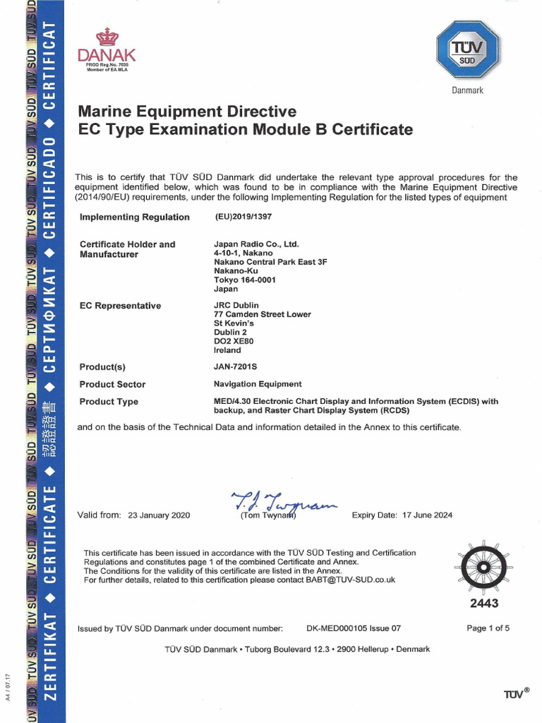 ECDIS-JRC-JAN-7201S-MED-B-Cert-23-1-2020 | PDF | Regulation